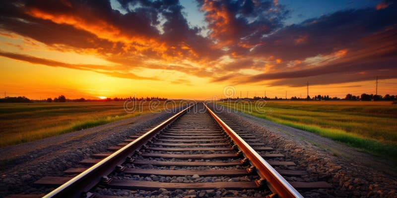 Railway in the Sunset. Vast Desert Landscape. Tramway, Rail Bed, Train ...