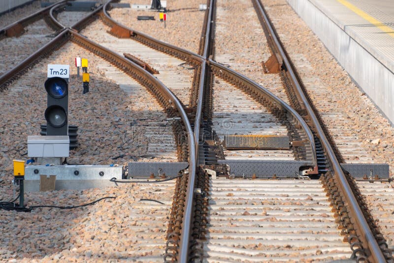 Railway Switch with Intersecting Tracks, Gravel Bed, Signal Light ...