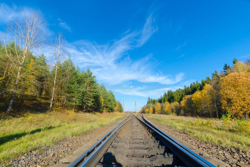Railway Track in the Autumn Forest. Railway in the Autumn Evening Stock ...