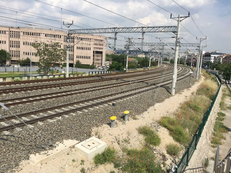 Railway track with cables stock image. Image of vehicle - 281823037