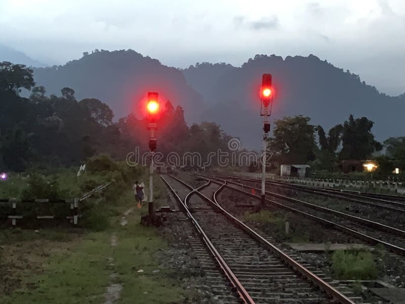 Railway Track in Evening with Red Light Stock Image - Image of train ...