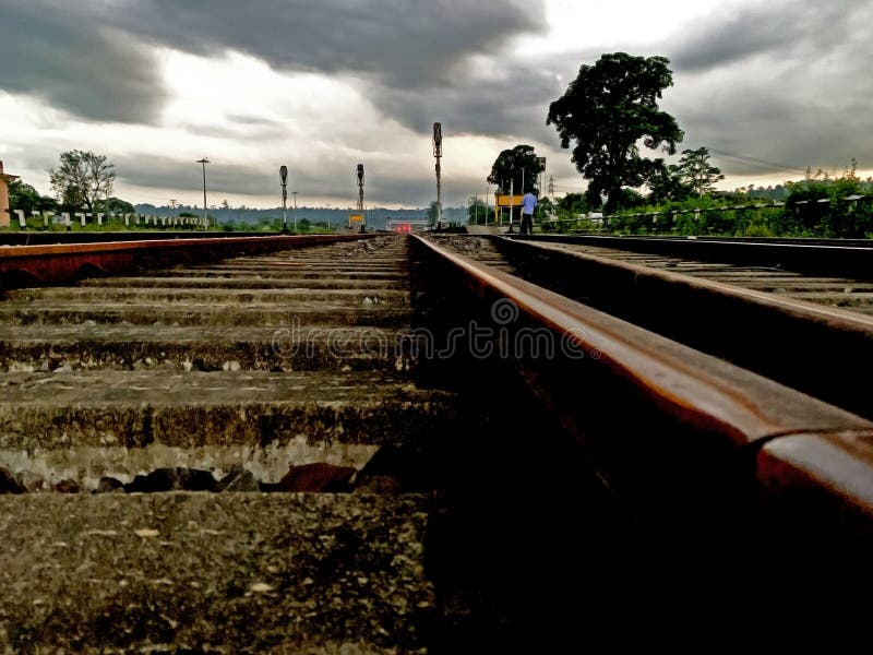 Railway Track in Evening with Red Light Stock Image - Image of rural ...