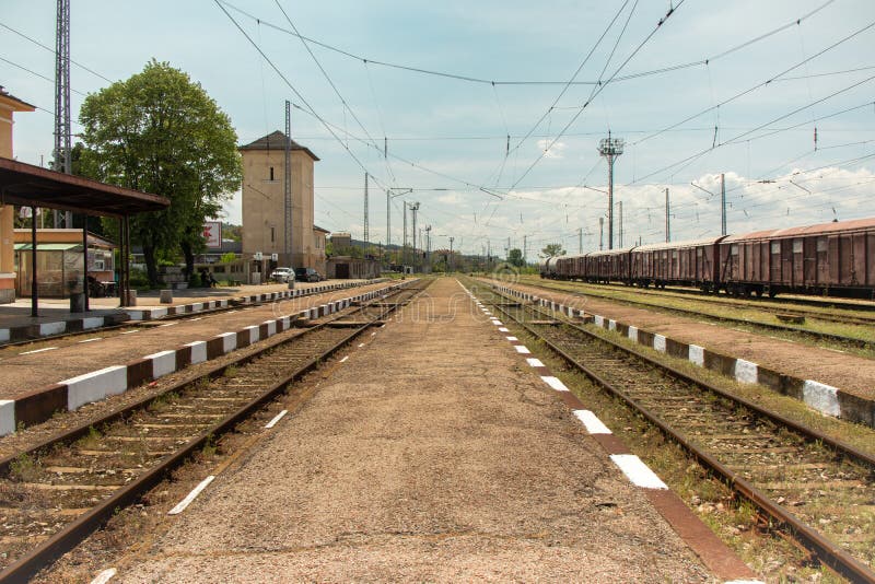 Railway Track with Freight Trains and Nature Stock Image - Image of ...