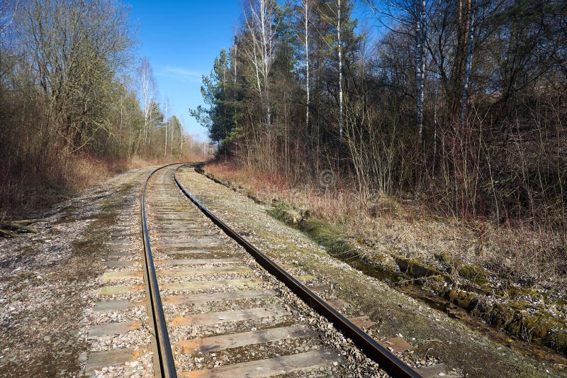 Railway Track in the Spring Forest with Blue Sky with Railway Drainage ...