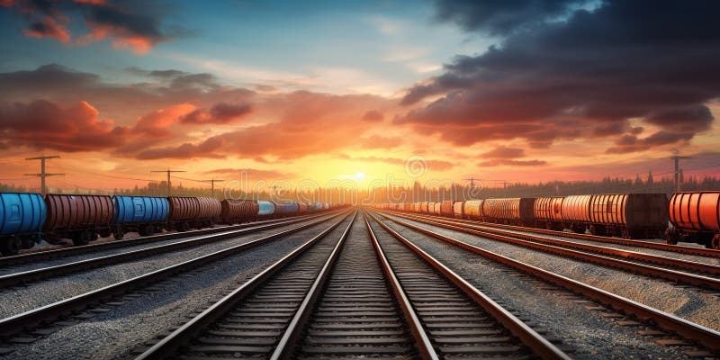 Railway Track with a String of Container Trains, Highlighting the ...