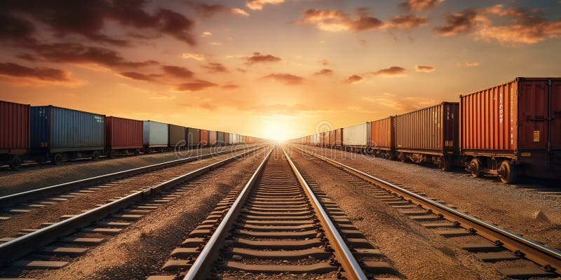 Railway Track with a String of Container Trains, Highlighting the ...