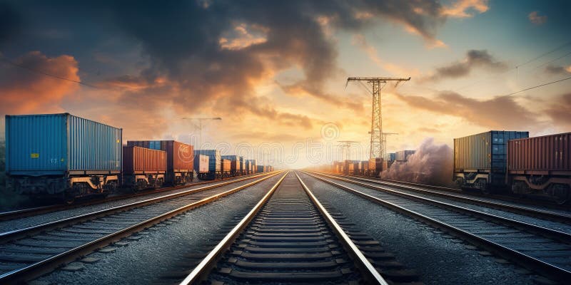 Railway Track with a String of Container Trains, Highlighting the ...