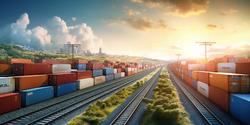 Railway Track with a String of Container Trains, Highlighting the ...