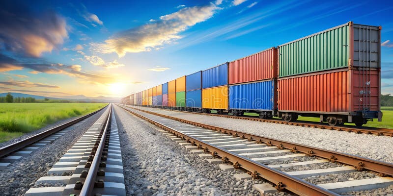 Railway Track with String of Container Trains with Sky Blue and Clouds ...