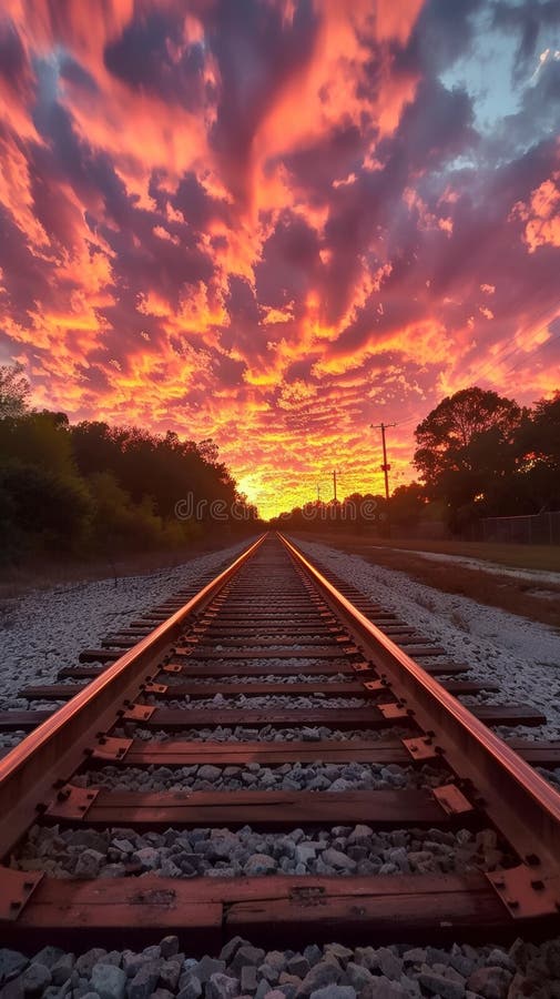 Railway Track at Sunset with Vibrant Sky, Rural Scene. Stock Image ...