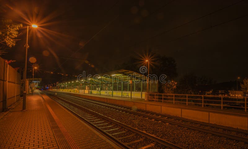 Railway Track and Train Light in Night in Prague Podbaba Station Stock ...