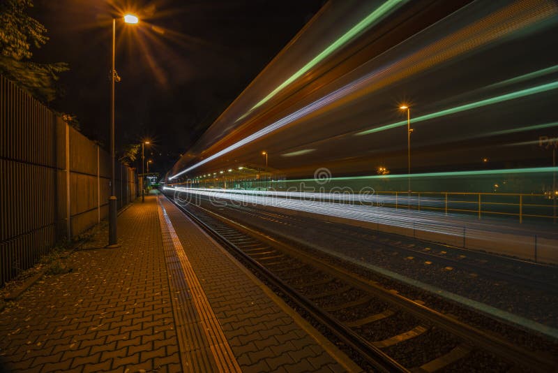 Railway Track and Train Light in Night in Prague Podbaba Station Stock ...