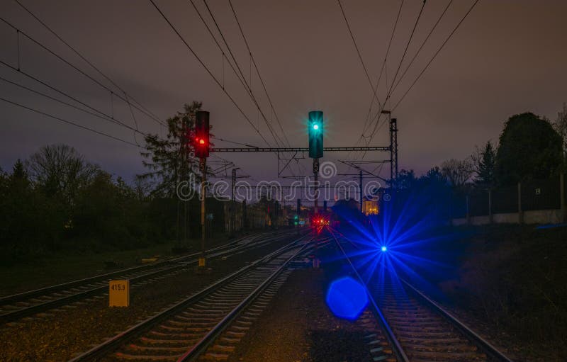 Railway Track and Train Light in Night in Prague Podbaba Station Stock ...