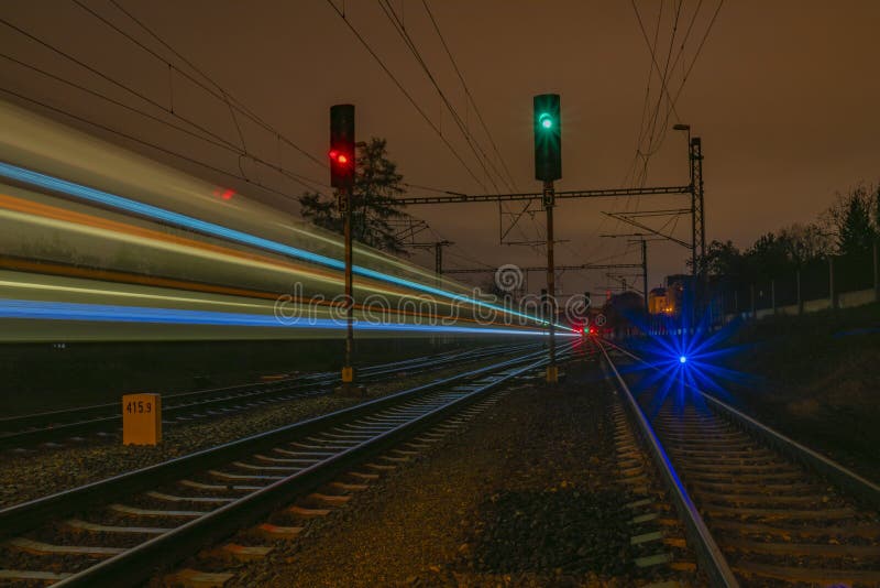 Railway Track and Train Light in Night in Prague Podbaba Station Stock ...