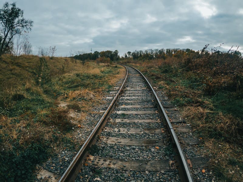 Railway Track Turn. Iron Train Rails in the Countryside Stock Image ...