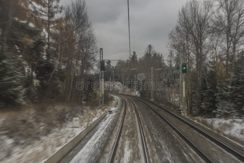 Railway Track from Window of End Train in Vysocina Mountains Stock ...