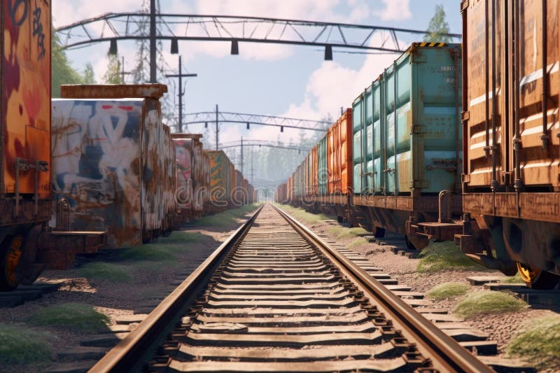 Railway Tracks with Cargo Containers on Train Stock Illustration ...