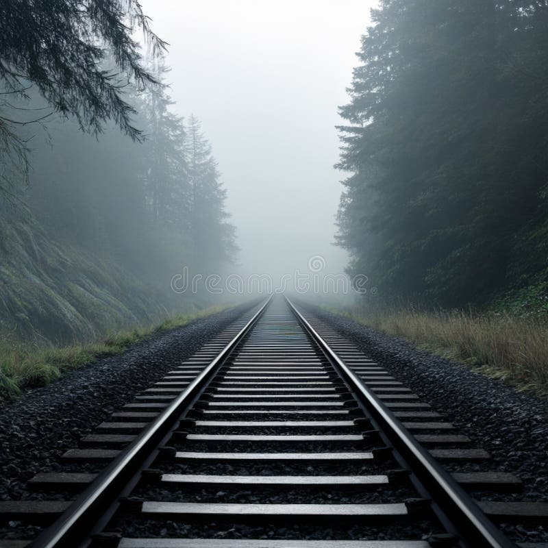 Railway Tracks in the Foggy Forest, Black and White Image Stock ...