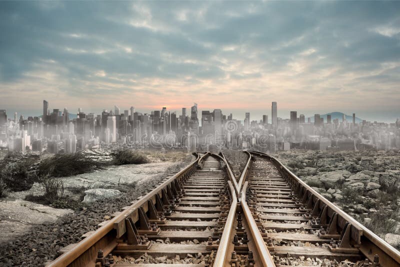 Railway Tracks Leading To City Stock Illustration - Illustration of ...