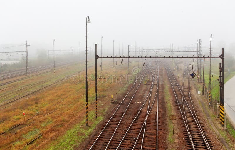 Railway tracks at mist. stock image. Image of mist, light - 46592085
