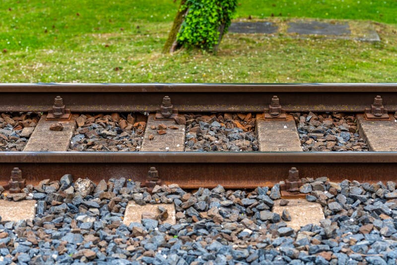 Railway Tracks. Railroad Track between Green Trees and Road Stock Photo ...