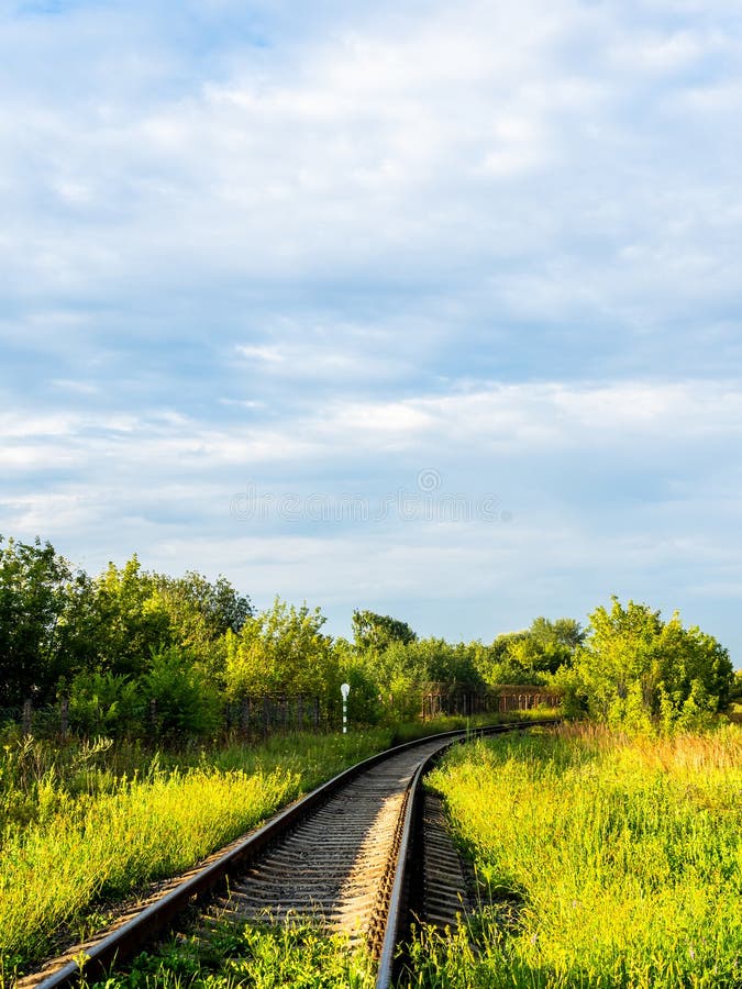 Railway Tracks and Rails in Sunny Summer Morning Stock Photo - Image of ...