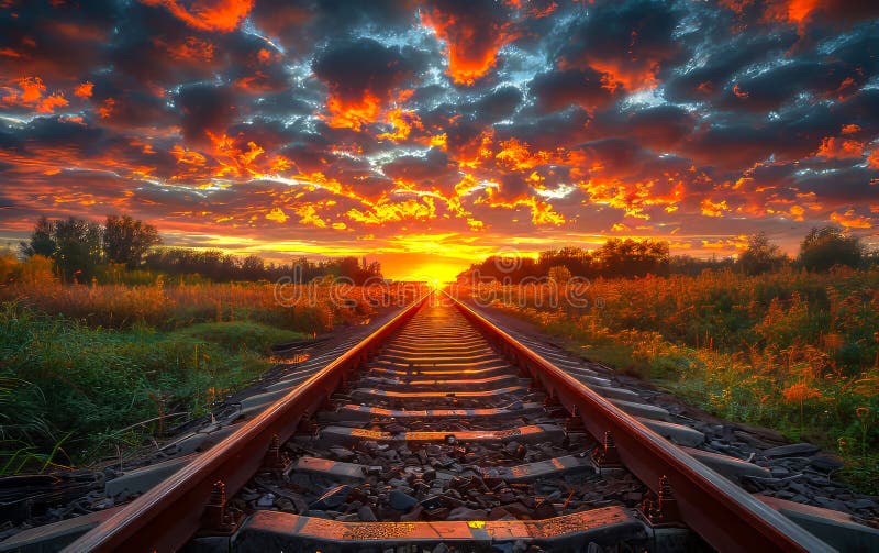 Railway Tracks in the Rays of the Setting Sun. Long Stretch of Railroad ...