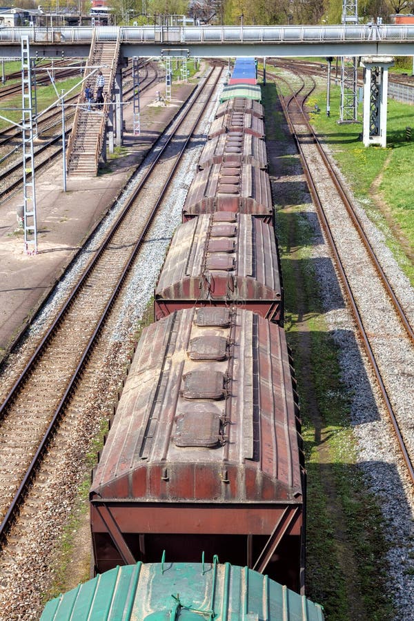 . Railway Tracks with a Row of Cars on the Tracks Seen from Above Stock ...