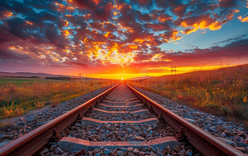 Railway Tracks in Rural Scene with Nice Pastel Sunset Stock Photo ...