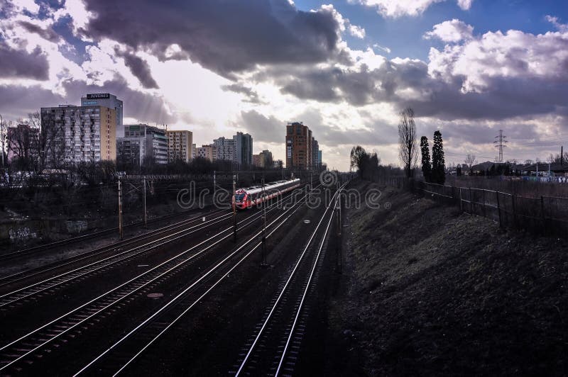 Railway Tracks With Approaching Train Stock Image - Image of line ...