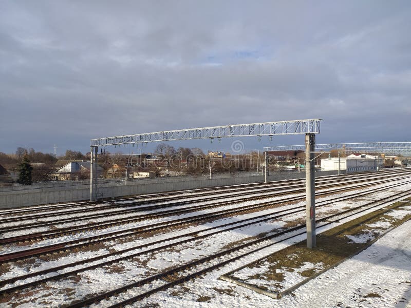 Railway Tracks in Winter. Railway Station Stock Image - Image of clouds ...