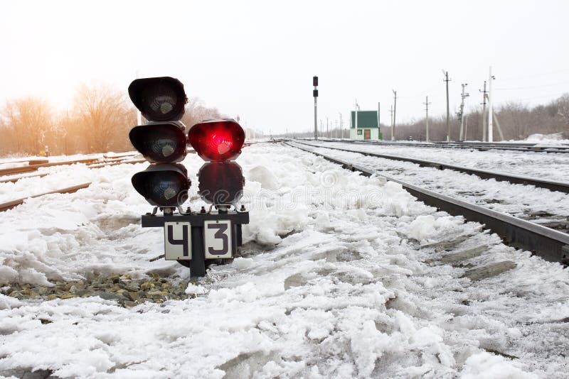 Railway Traffic Light Shows Blue Signal on Railway. Stock Photo - Image ...