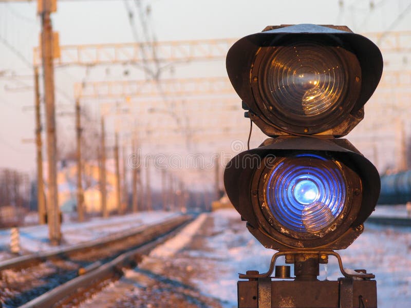 Railway Traffic Light Shows Blue Signal on Railway. Stock Photo - Image ...