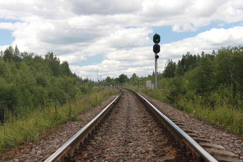 Railroad Turn. the Green Light is on. Stock Photo - Image of railway ...