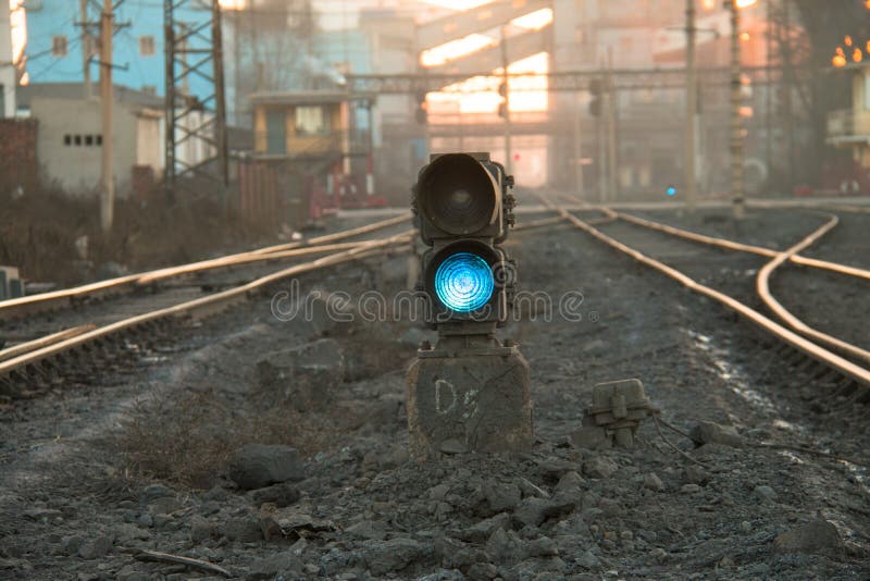 Railway Traffic Light Shows Blue Signal on Railway and Railway with ...
