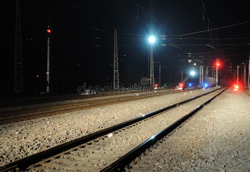 Railway and Train Signal at Night Stock Photo - Image of chime ...