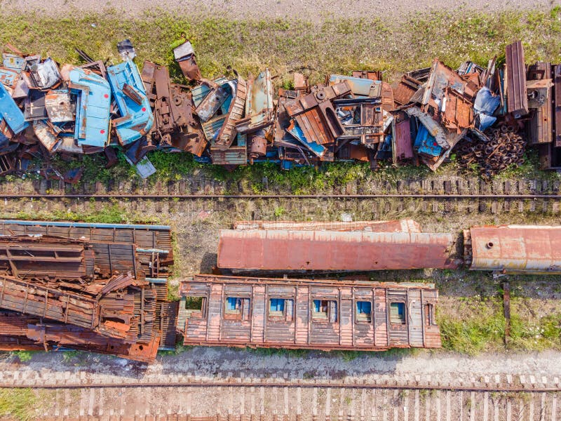 Railway Trains, Scrap Metal Dump at the Railway Station, Top View Stock ...