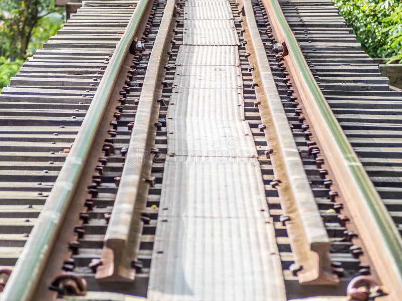 Railway Trains Track on Wooden Bridge Stock Image - Image of brown ...