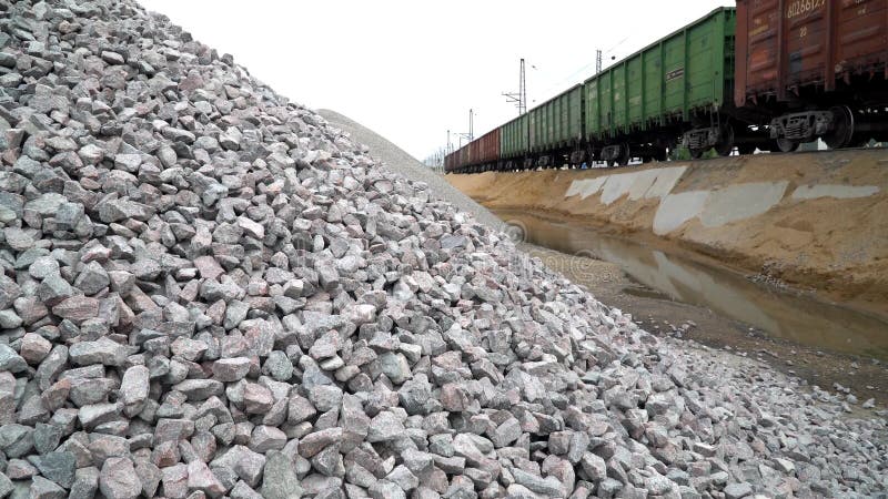Railway. Transportation of Crushed Stone by Rail. Unloading Railway ...