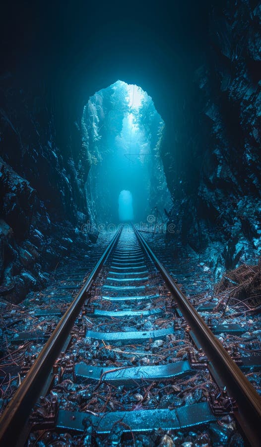 Railway tunnel in the cave stock photo. Image of line - 320818932