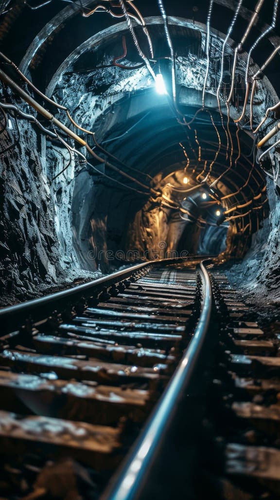 Railway Tunnel with Ceiling Lights Underground, Industrial Mining Environment Stock Photo ...