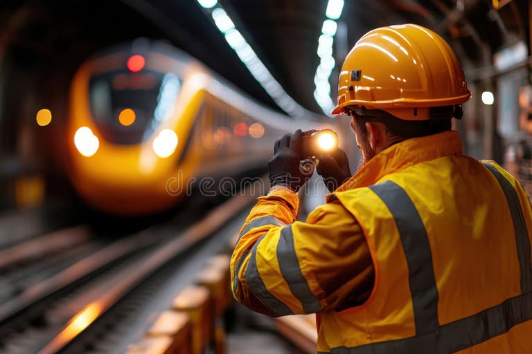 A Railway Worker Inspects a Train in a Tunnel Using a Flashlight ...