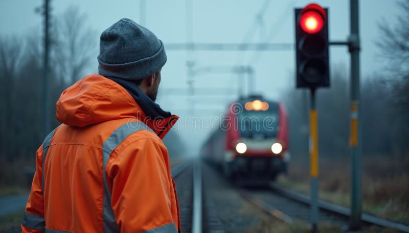 Railway Worker Observes Train Approaching. Train Stop Signal with Red ...