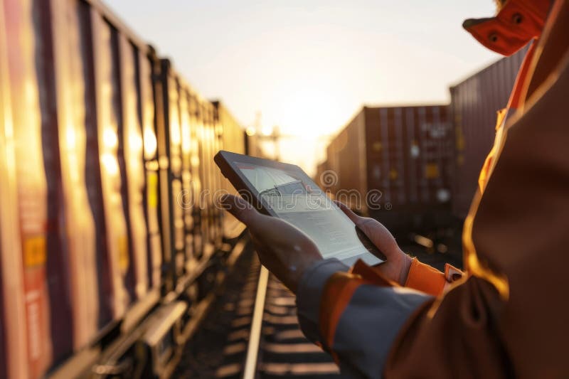 Railway Worker Using a Digital Tablet at Sunset for Logistics Control ...