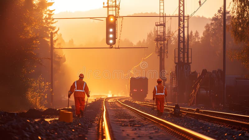 Railway Workers Walking on Tracks at Sunset with Approaching Train ...