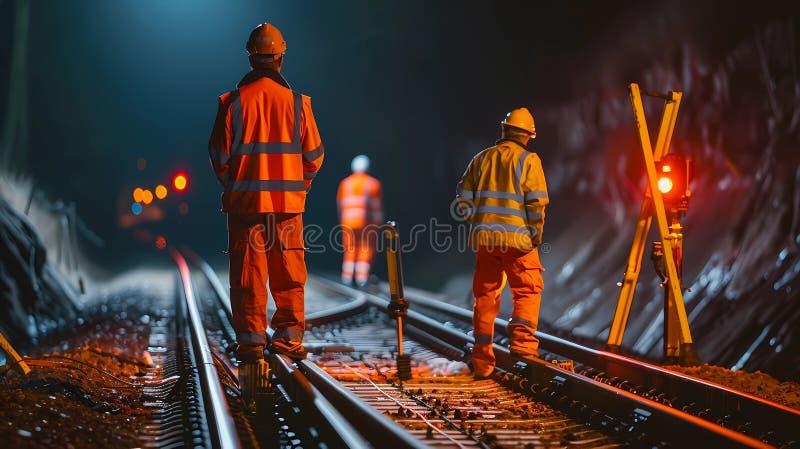 Railway Workers Working on Railroad Tracks at Night, Railway ...
