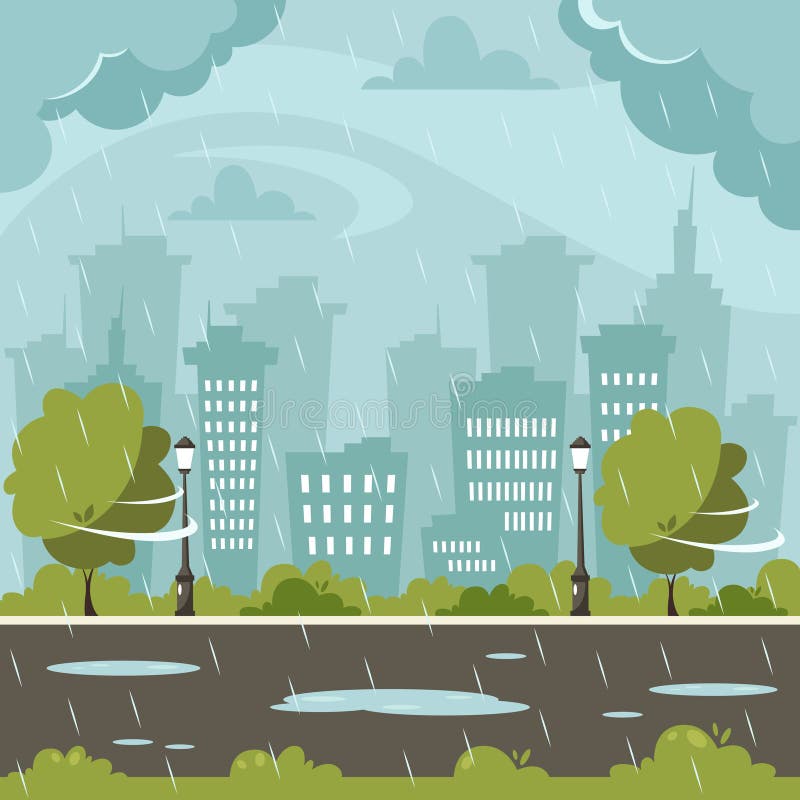 Rain on City Background. Rainy and Windy Day. Vector Illustration Stock ...
