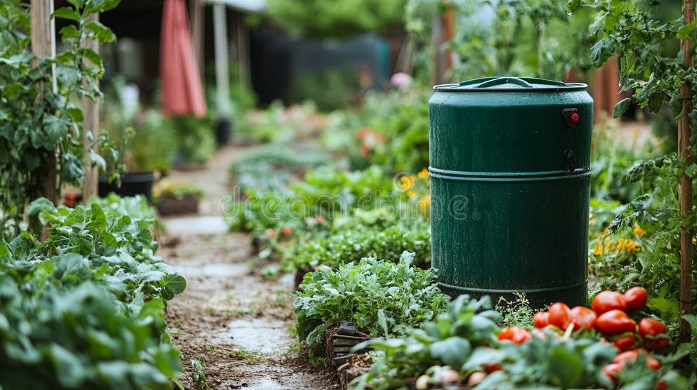 Rain Barrel beside Vegetable Patch. Stock Image - Image of growth ...