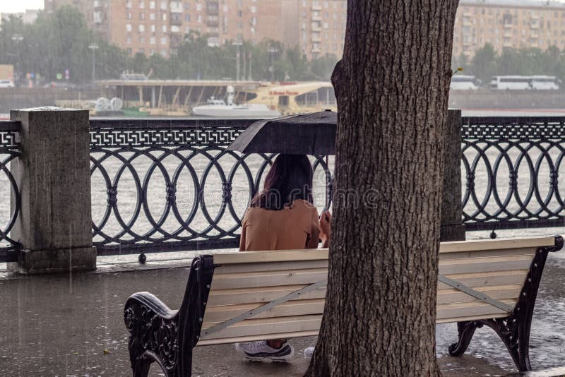 Rain, on a Bench Under an Umbrella Stock Photo - Image of nature, hold ...