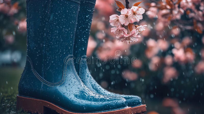 Rain Boots and Blossoms in Springtime Shower Stock Illustration ...